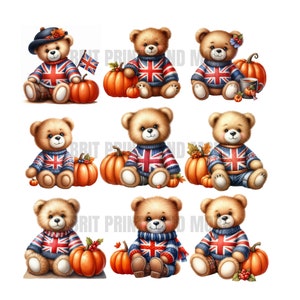 British Union Jack Autumn Fall Teddies PNG, British Pumpkin Teddy Bear ...