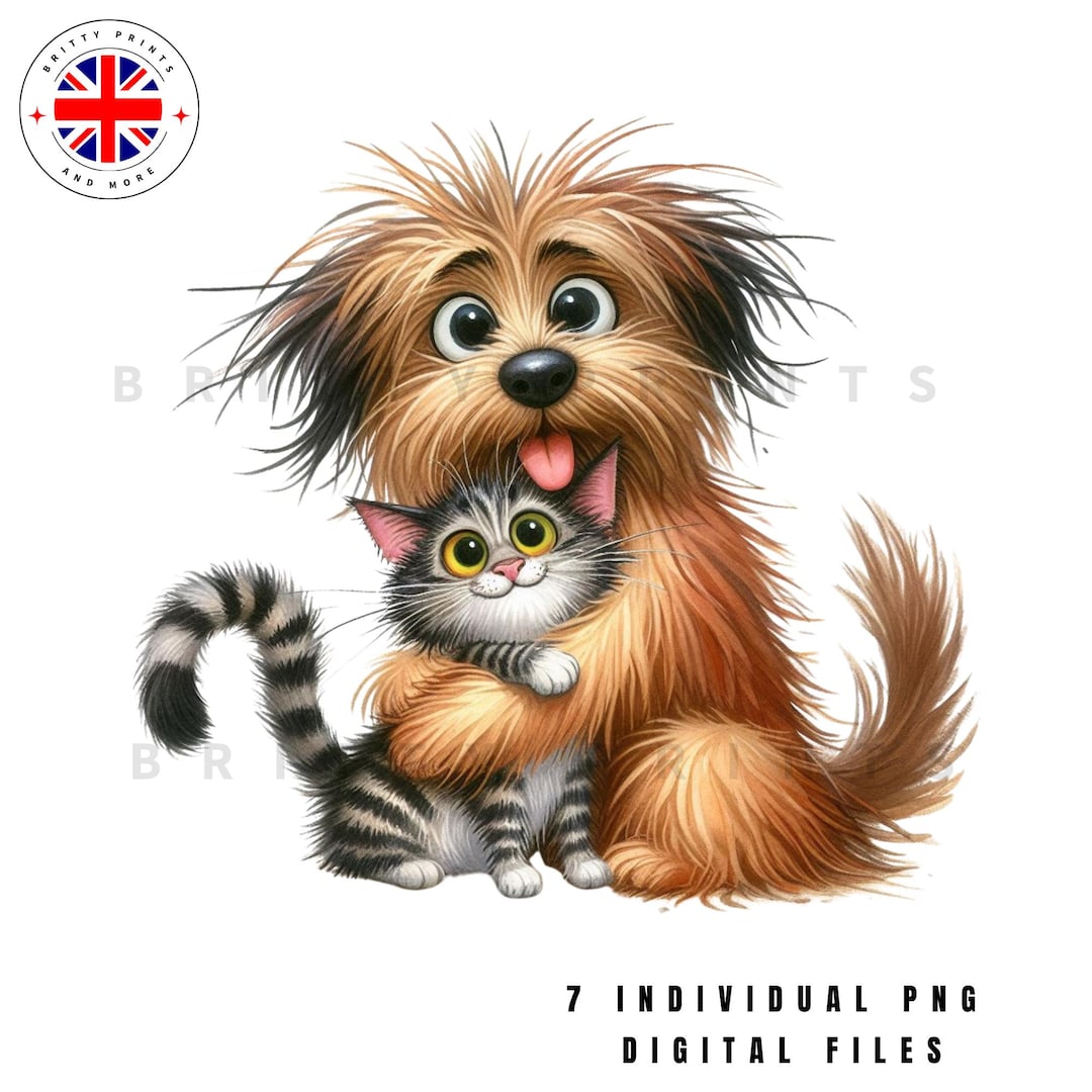 Watercolor Cats and Dogs PNG Clipart: Hugging Animals (digital Download ...
