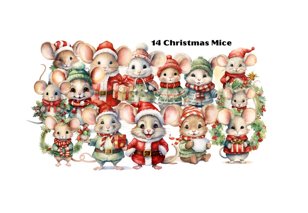Cute Christmas Mice Watercolor Clipart PNG Bundle , Set of 14 Winter ...