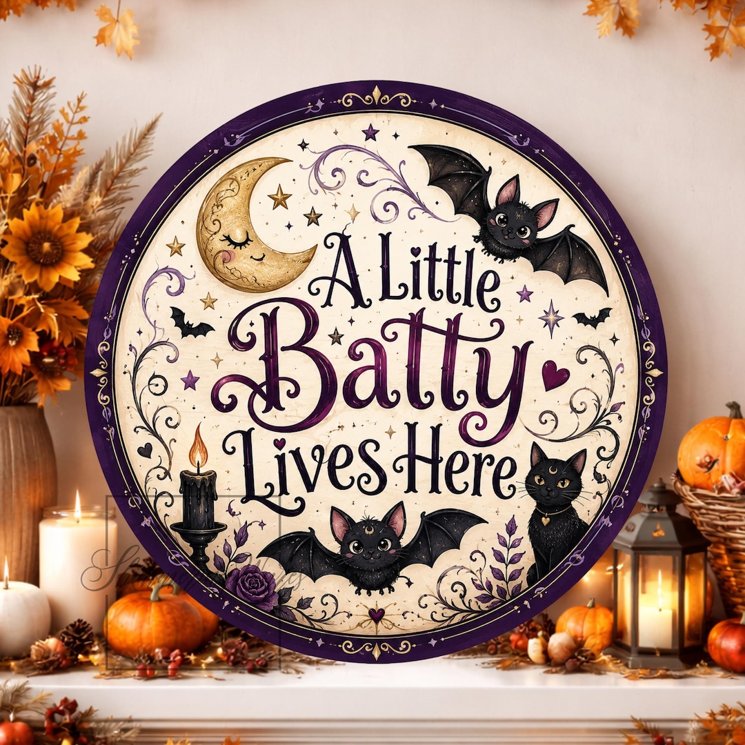 Halloween Bat Round Sign: A Little Batty Welcome Metal Wreath Decor - Etsy