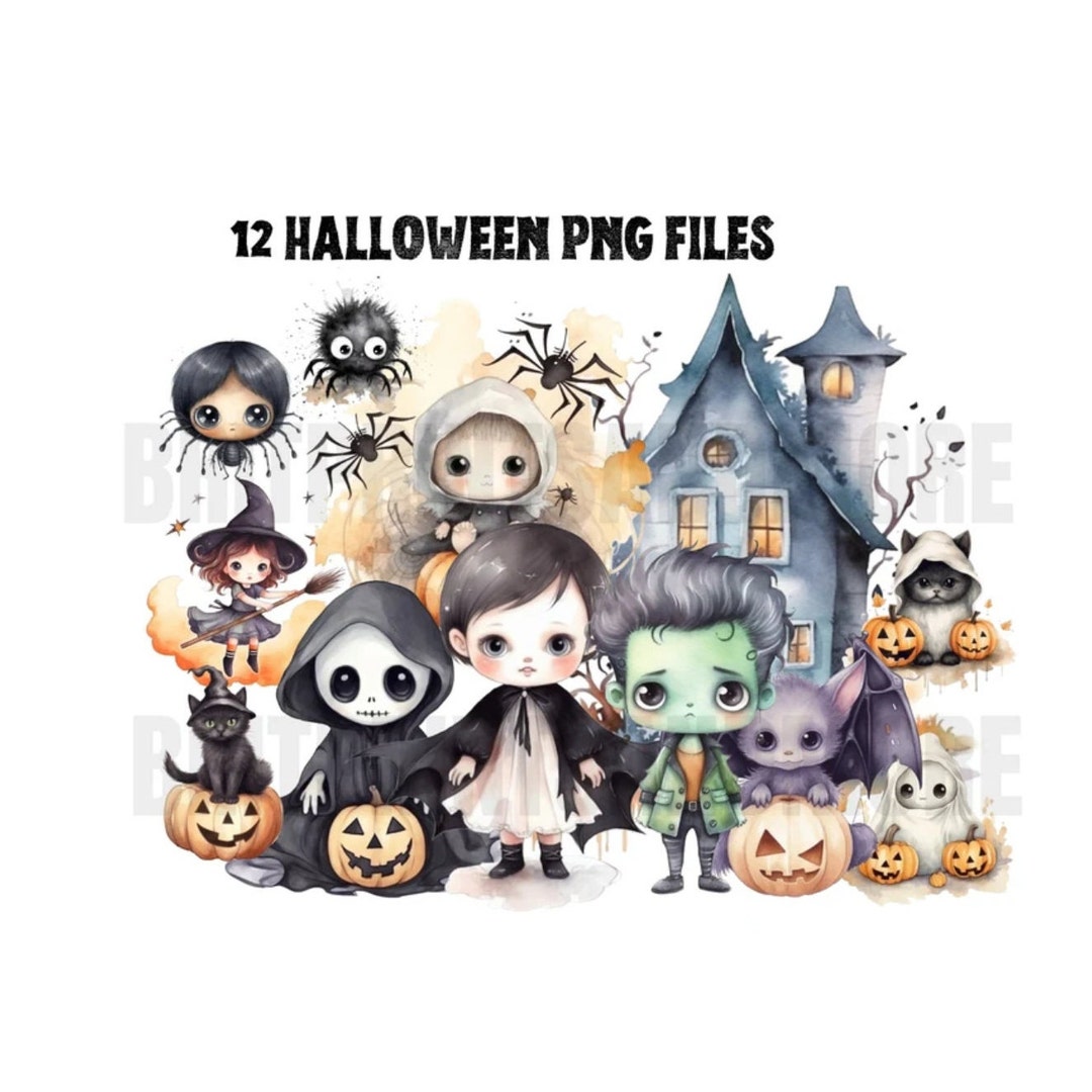Halloween Watercolor Clipart PNG Bundle , Set of 12 Halloween ...