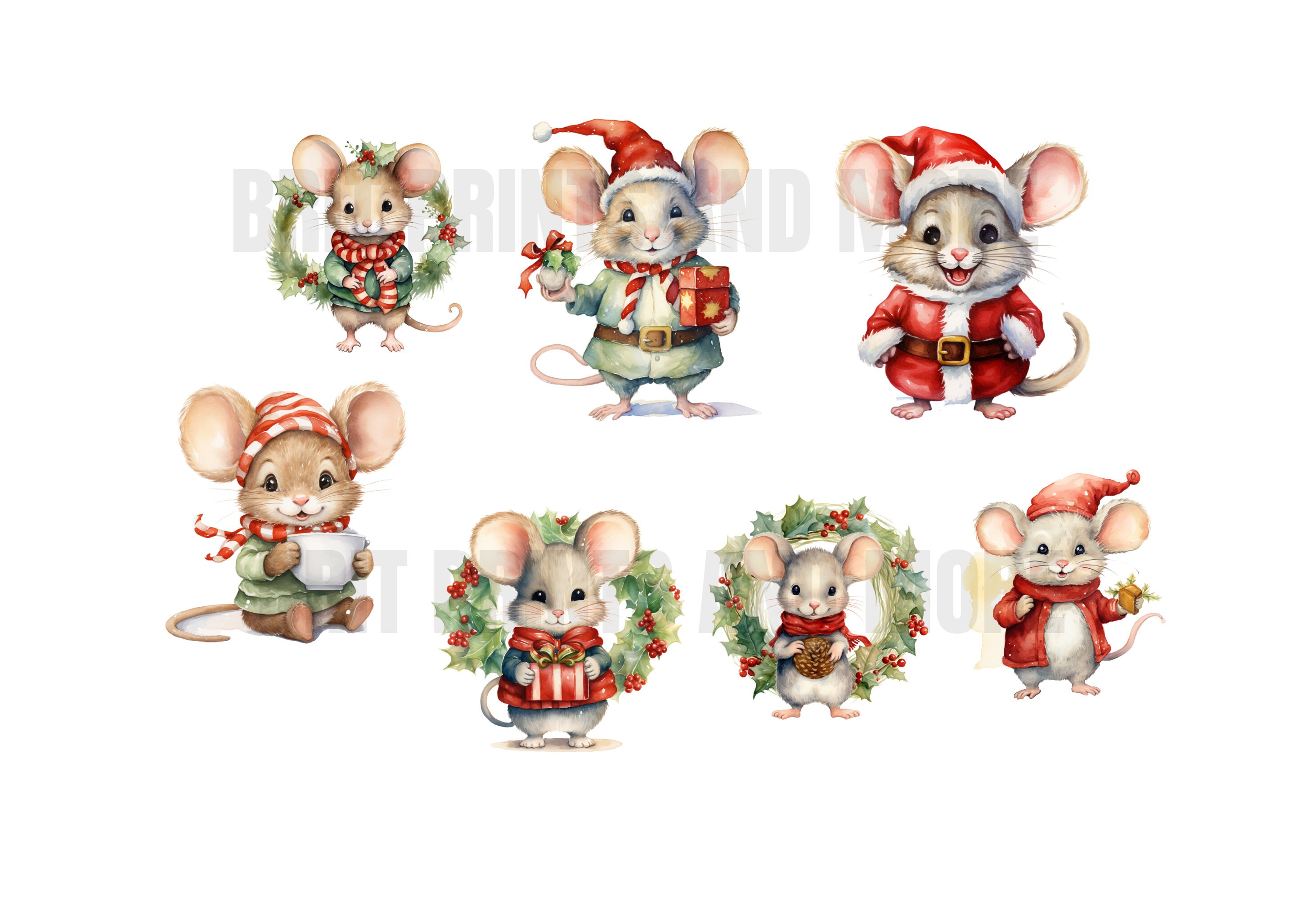 Cute Christmas Mice Watercolor Clipart PNG Bundle , Set of 14 Winter ...