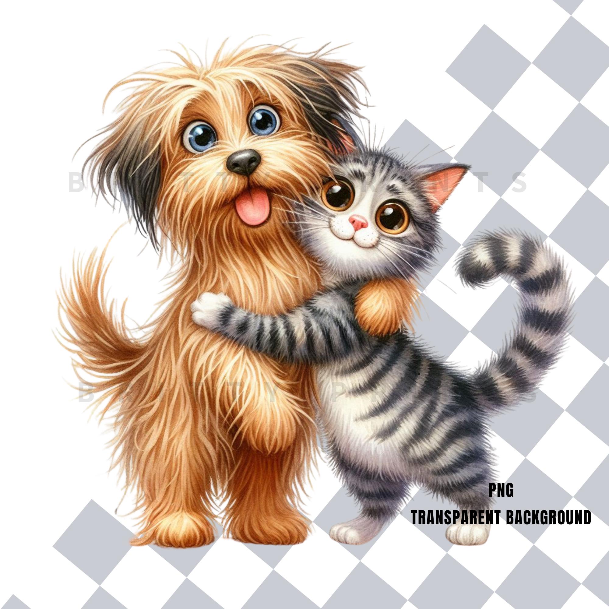 Watercolor Cats and Dogs PNG Clipart: Hugging Animals (digital Download ...