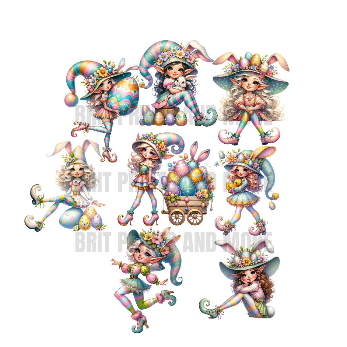 Set of 8 Whimsical Easter Elves PNG, Watercolor Elf Clip Art ...