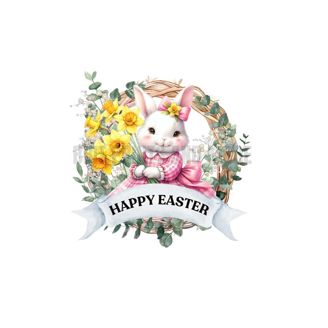 Pink Bunny Easter Wreath Scene PNG, Pink Rabbit Happy Easter Clip Art ...