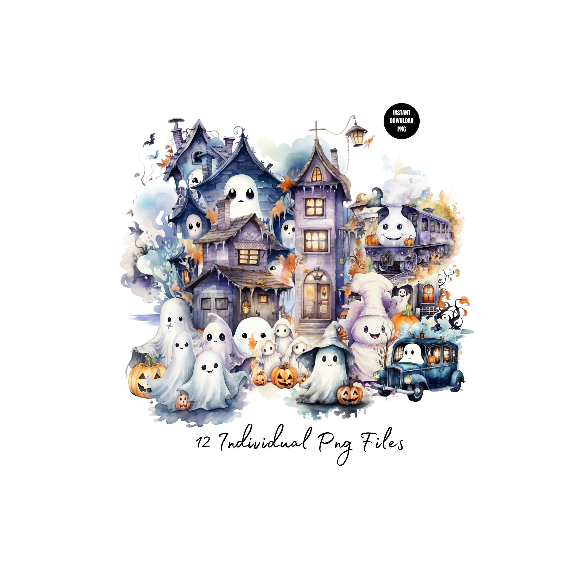 Halloween Watercolor Ghost Town Clipart PNG Bundle , Set of 12 ...