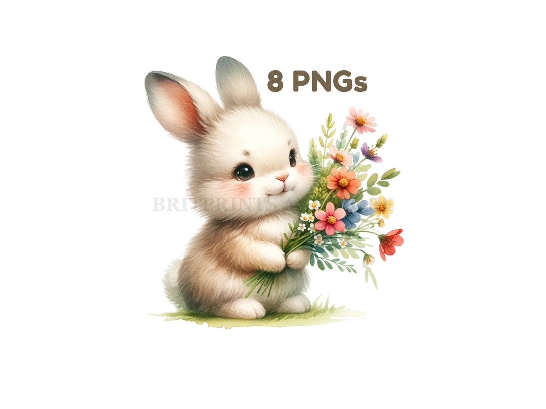 Set of 8 Cute Bunnies PNG, Watercolor Bunny Clip Art, Watercolor Bunny ...