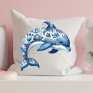 Chinoiserie Blue Pattern Sea Creatures, 6 Pngs, Dolphin Delft Pattern ...