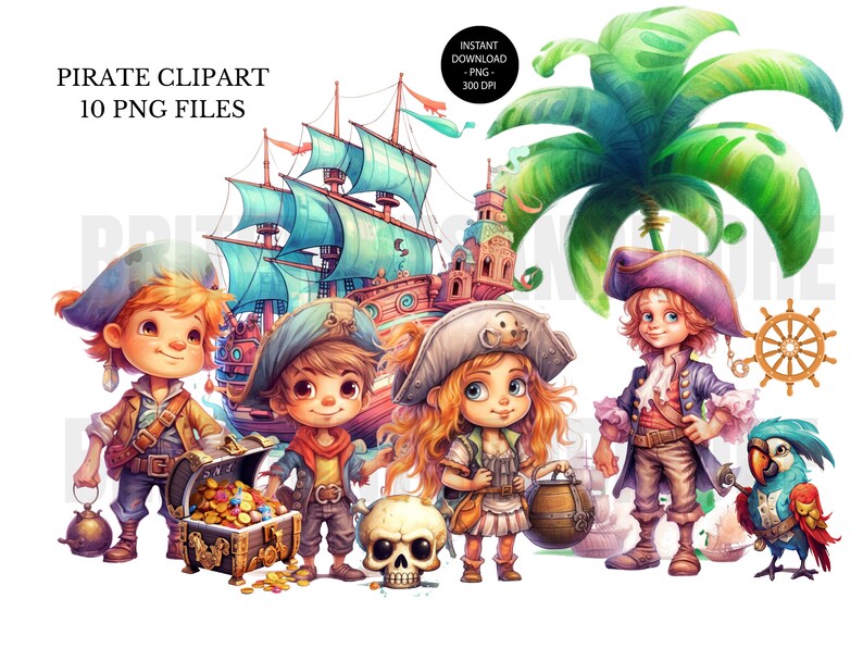 Watercolor Pirates PNG Pirate Ship Clip Art 10 Pirate Girl - Etsy