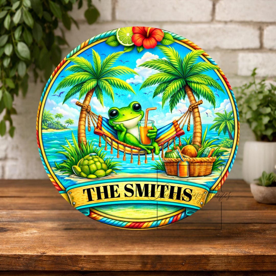 Personalized Tropical Frog Wreath Sign: Round Metal Beach House Decor ...