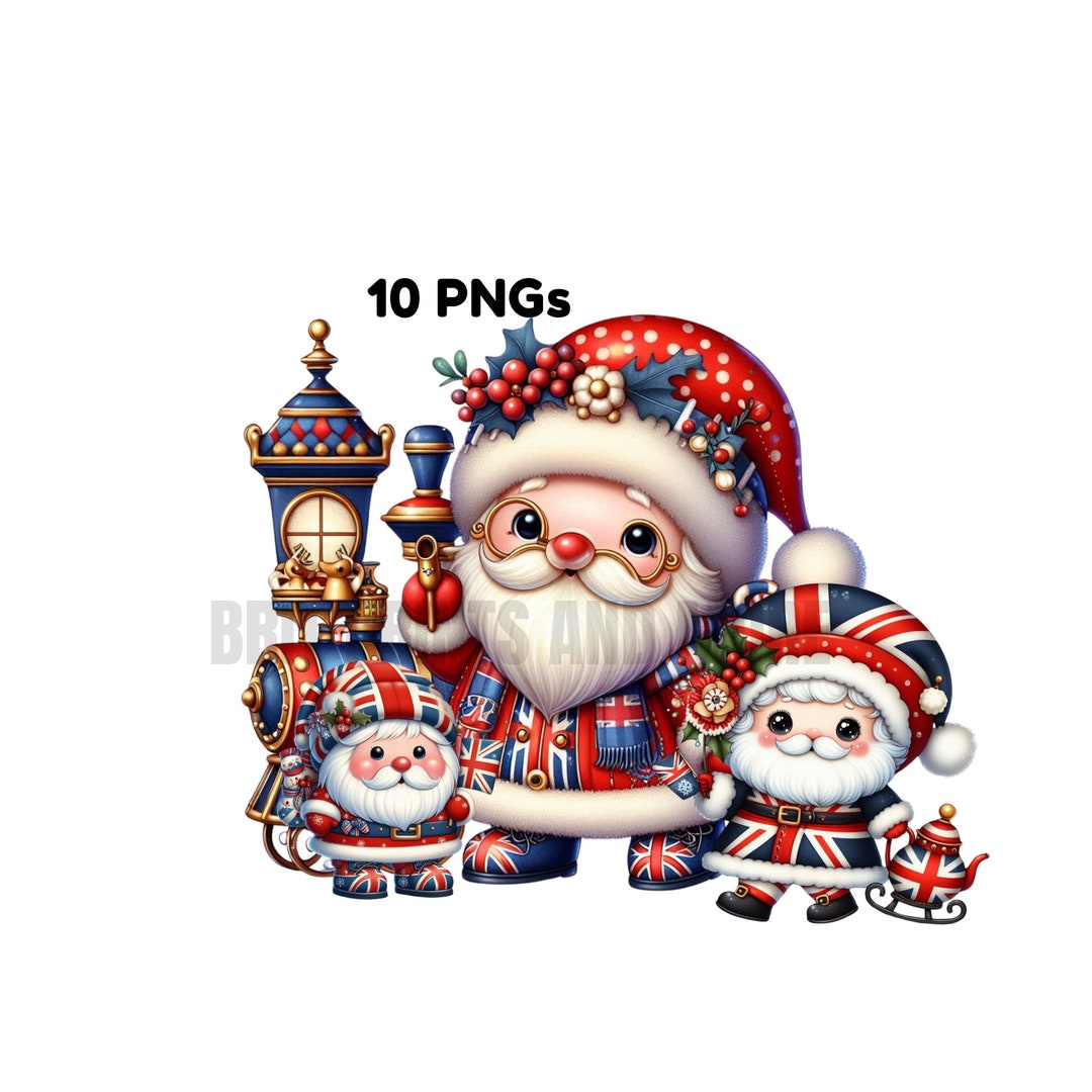 British Union Jack Santas 9 Pngs, London Santas, Britain Christmas ...