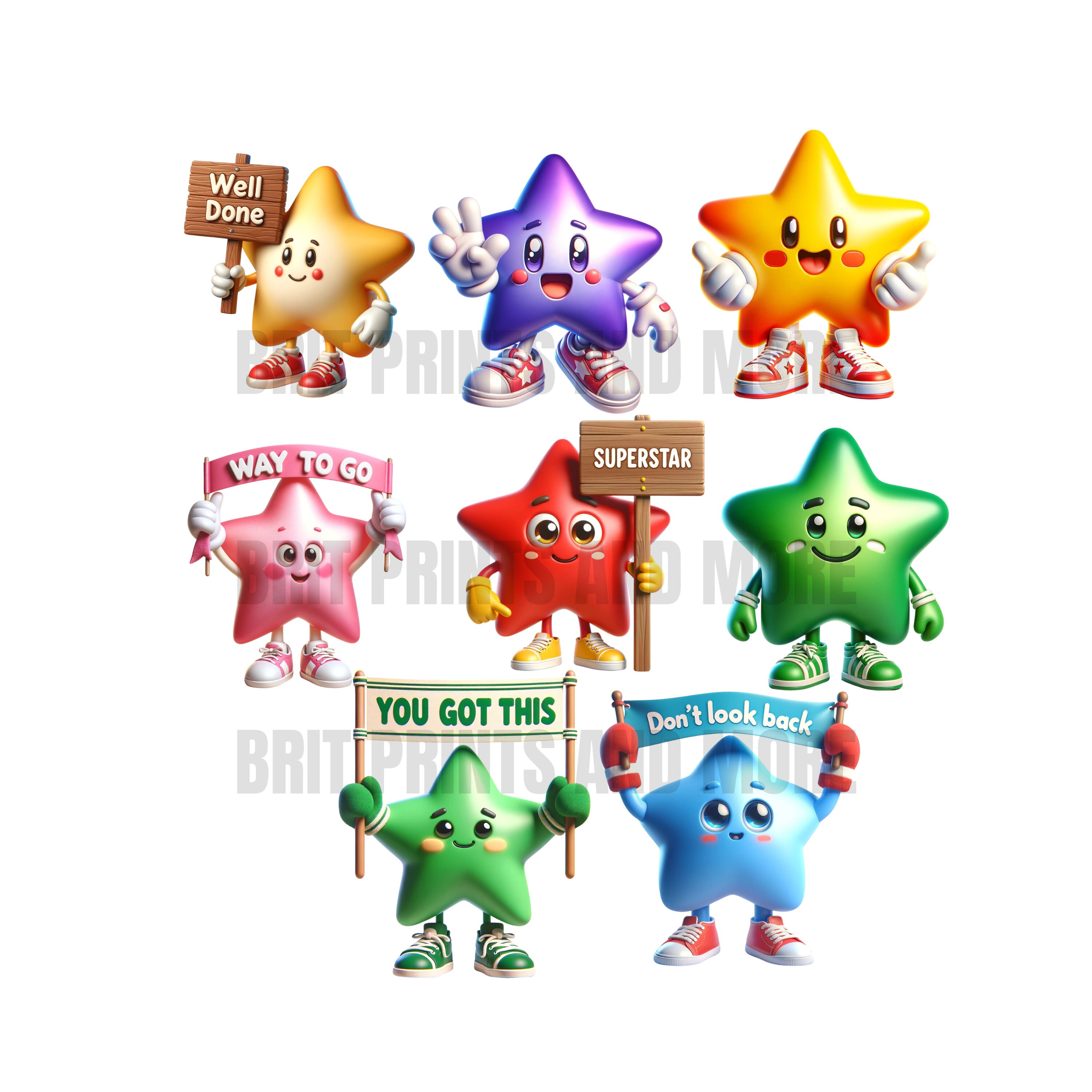 Set of 8 Motivational Cartoon Stars PNG, Encouragement Stars Clip Art ...