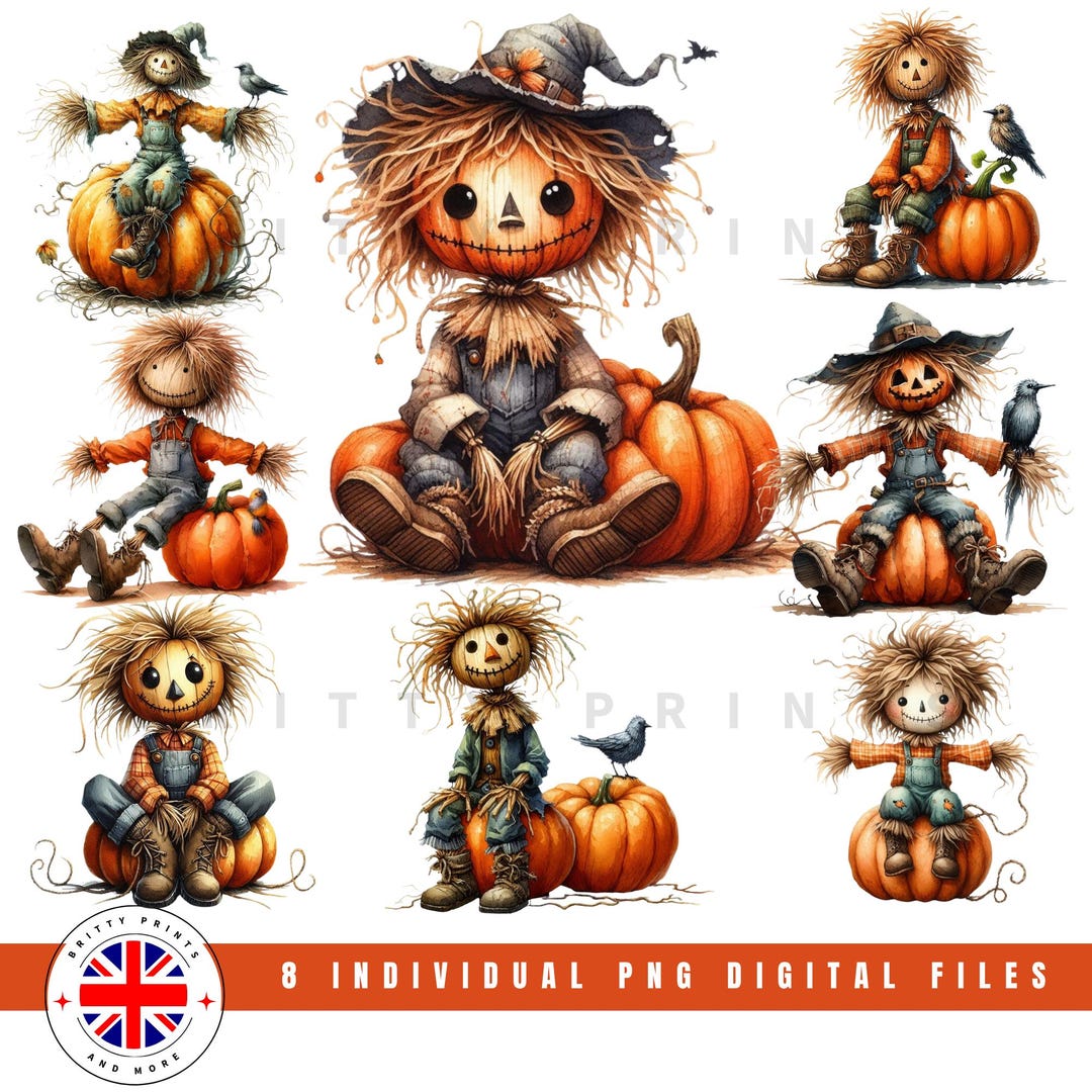 Fall Scarecrows 8 PNG, Whimsical Pumpkin Clip Art, Cute Scarecrow ...