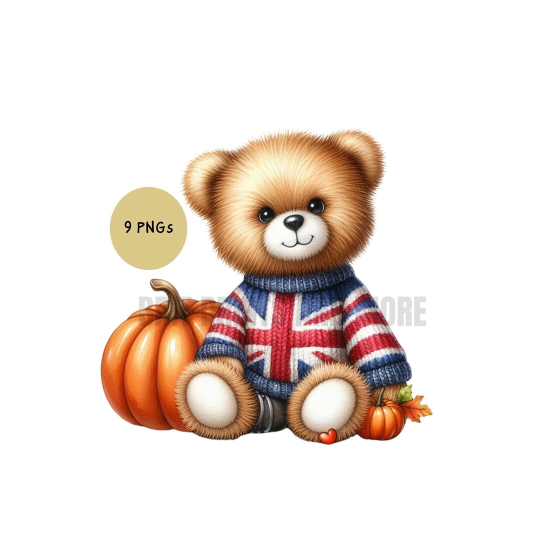 British Union Jack Autumn Fall Teddies PNG, British Pumpkin Teddy Bear ...