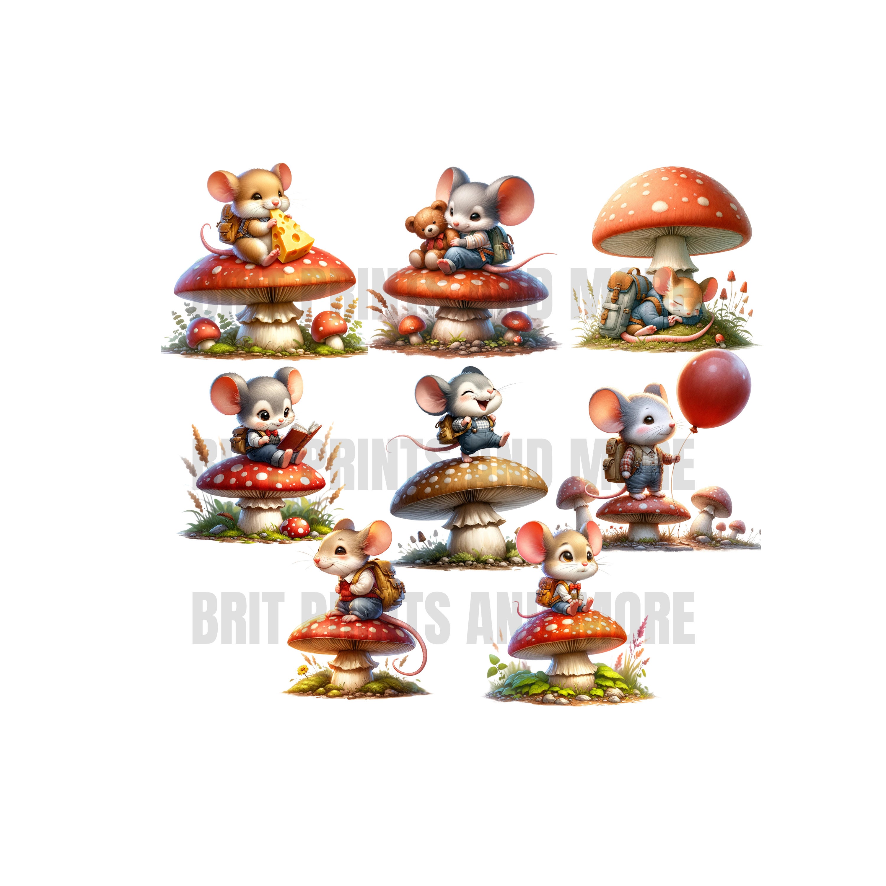 Set of 8 Cute Toadstool Mice PNG, Cute Book Mice Gnome Clip Art, Mouse ...
