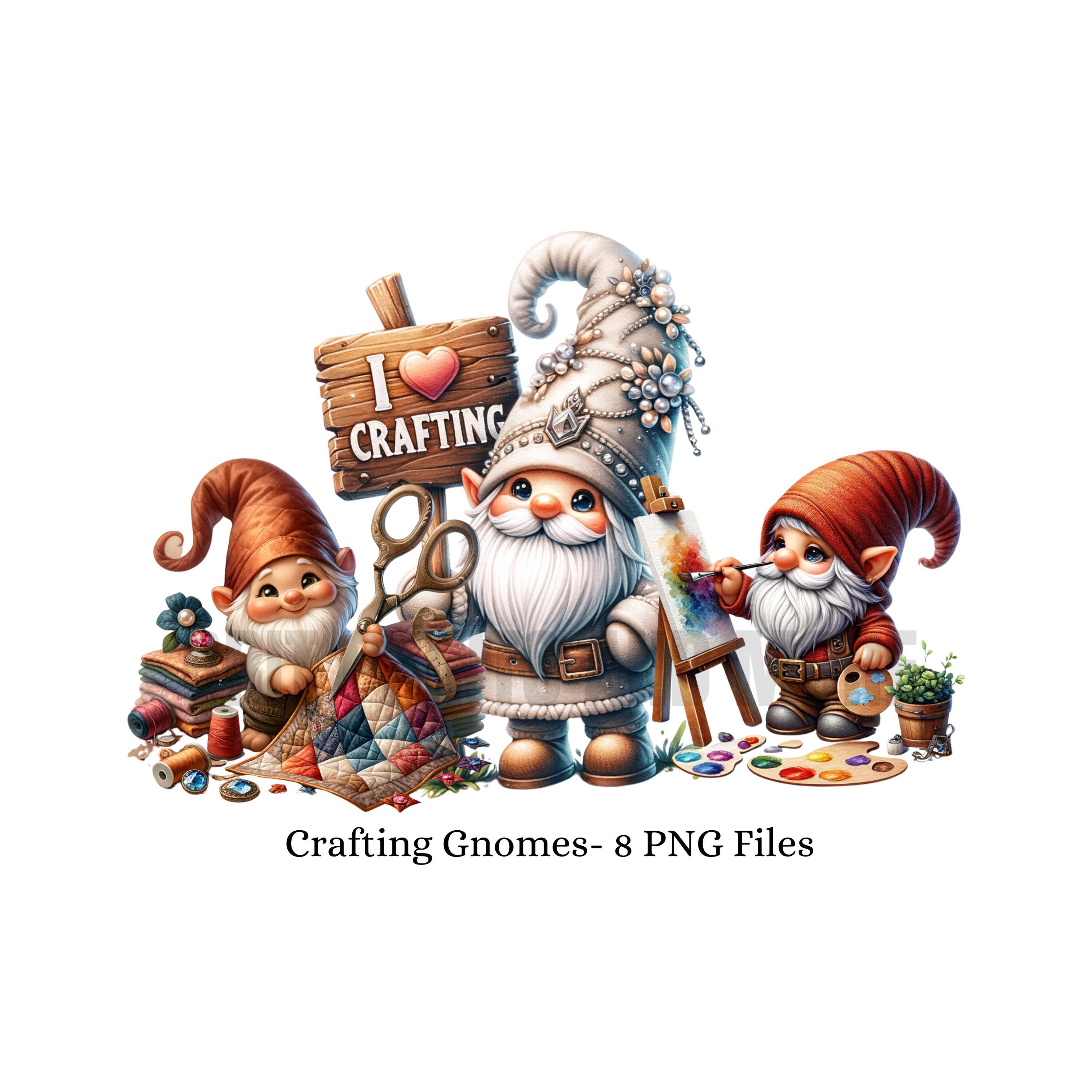 Set of 8 Crafting Gnomes PNG, Painter Gnome Clip Art, Quilting Gnome ...