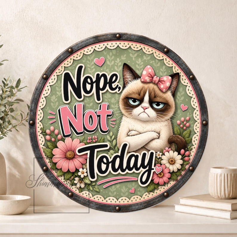 Funny Grumpy Cat Metal Wreath Sign: Nope Not Today Round House Decor - Etsy