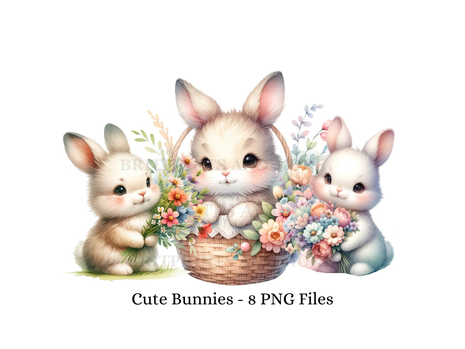 Set of 8 Cute Bunnies PNG, Watercolor Bunny Clip Art, Watercolor Bunny ...