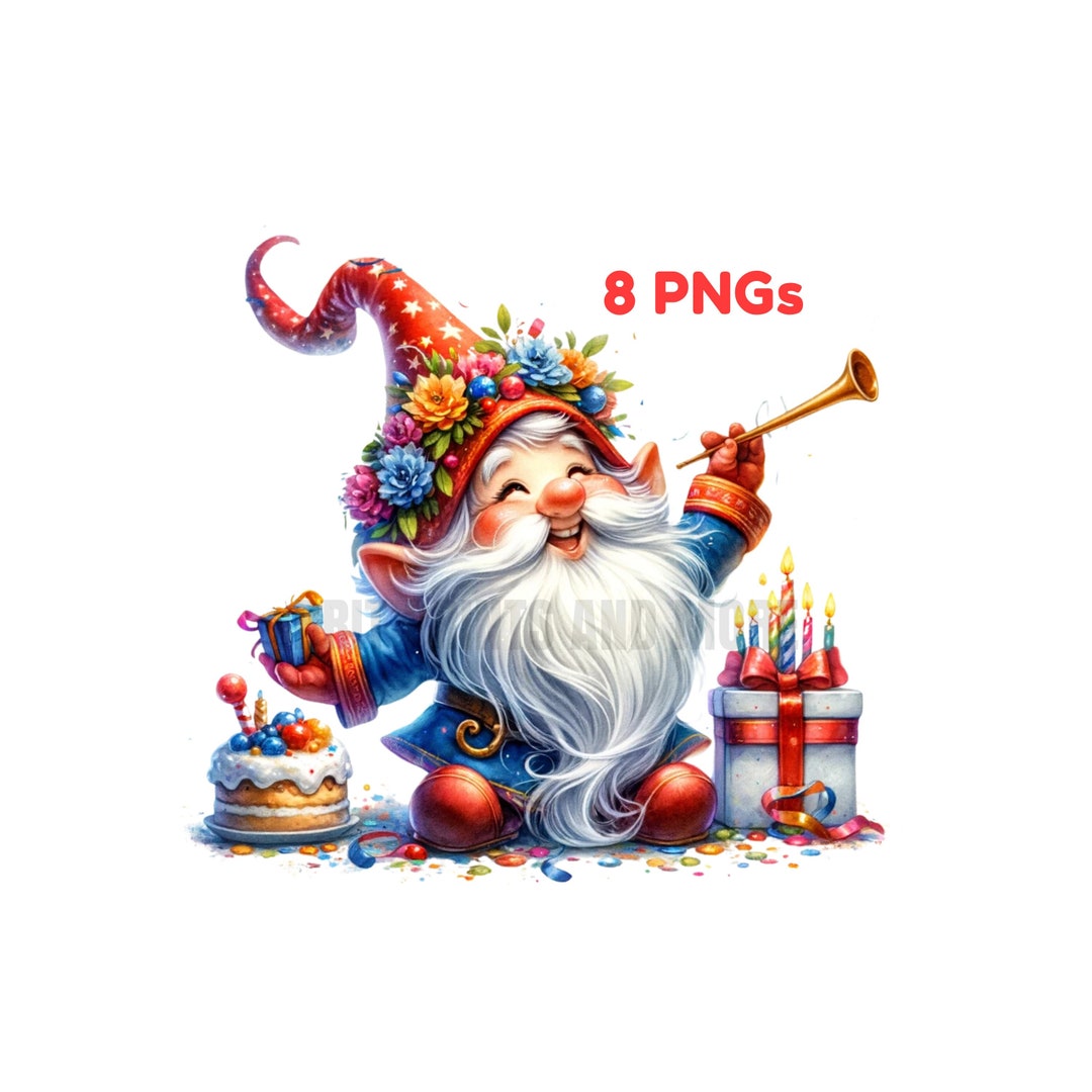 Set of 8 Birthday Gnomes PNG, Happy Birthday Gnome Clip Art, Balloons ...