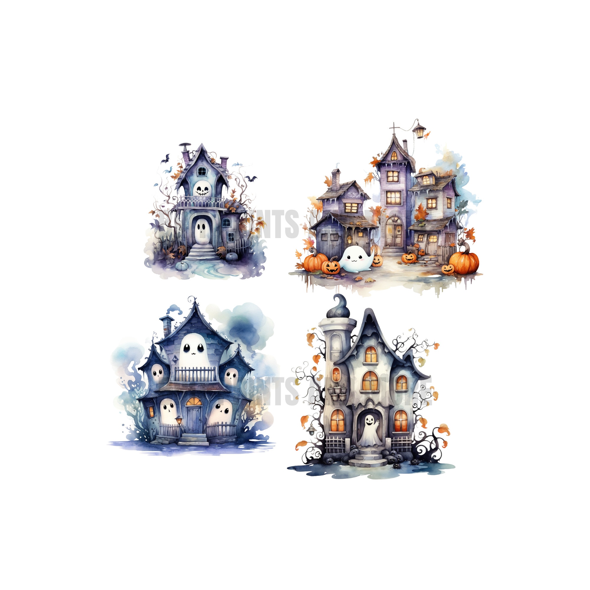 Halloween Watercolor Ghost Town Clipart PNG Bundle , Set of 12 ...
