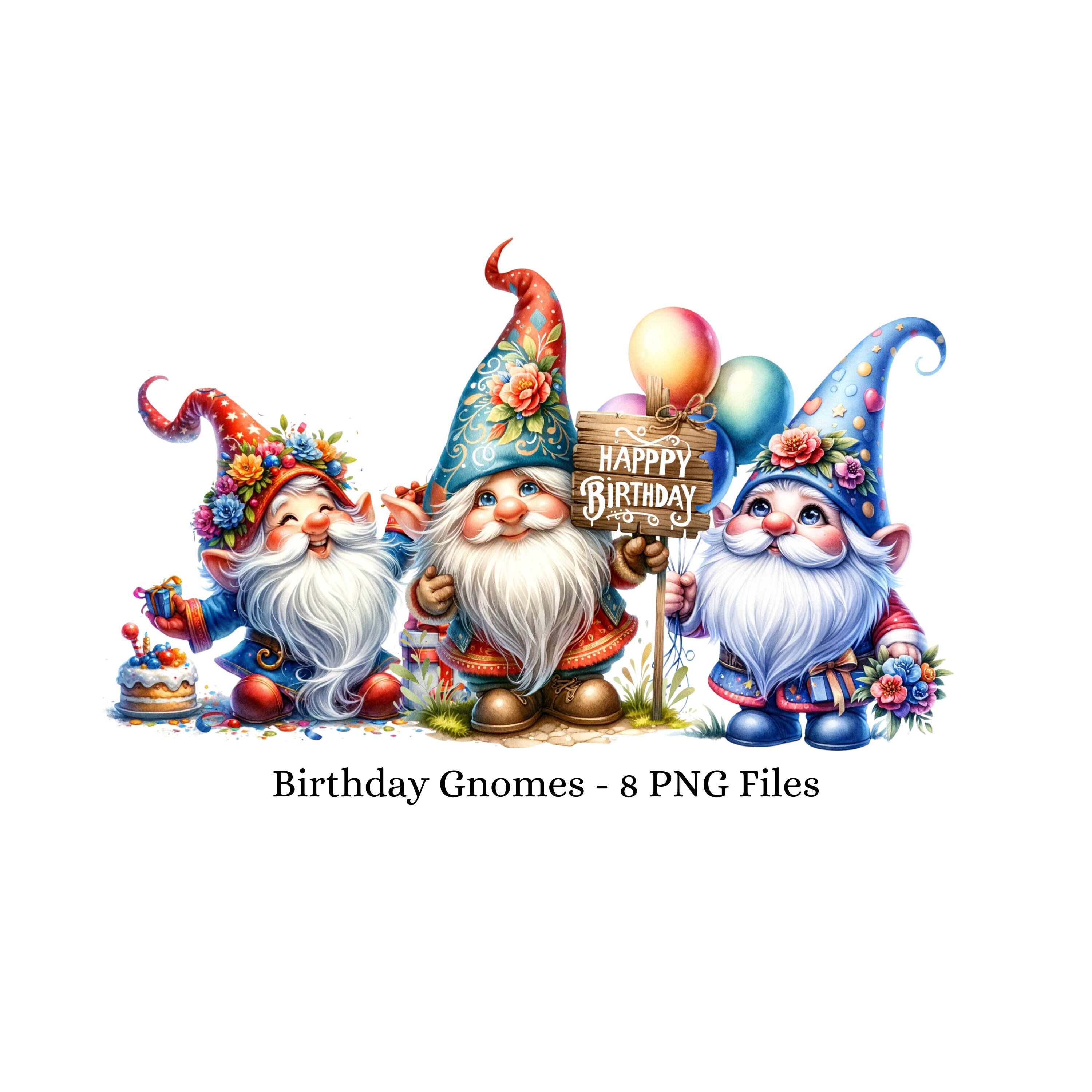 Set of 8 Birthday Gnomes PNG, Happy Birthday Gnome Clip Art, Balloons ...