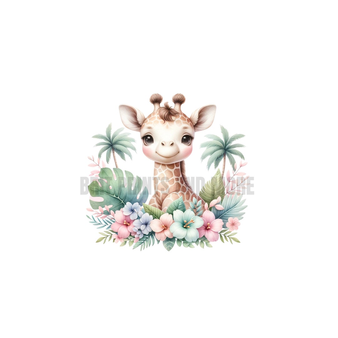 Baby Giraffe and Flowers PNG, Watercolor Giraffe in the Jungle Clip Art ...