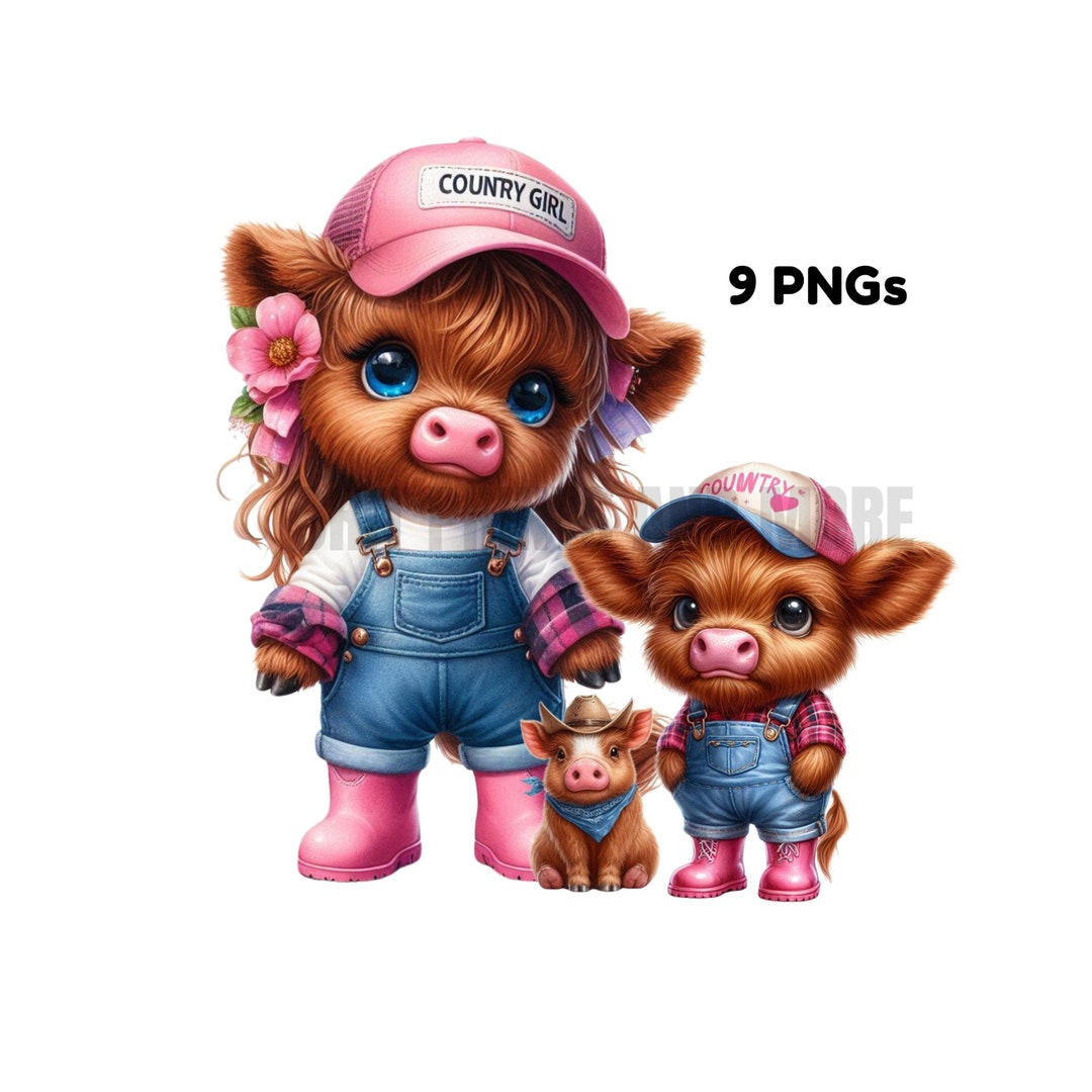 Country Girl Highland Cow PNG, Farm Life Clip Art, Cute Cow Girl ...