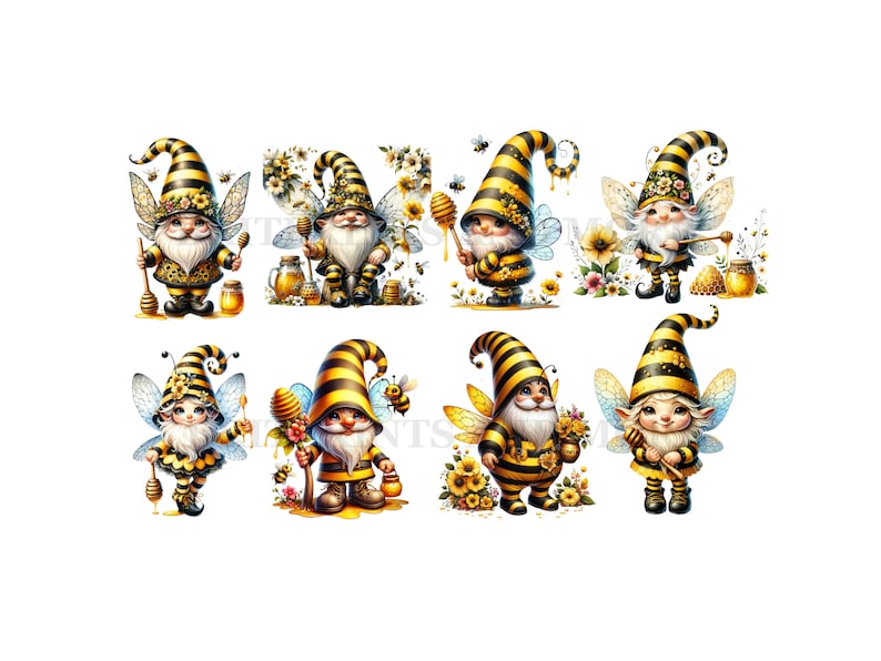 Set of 8 Bee Gnomes PNG, Bee Hive Clip Art, Honey Gnome Bees ...