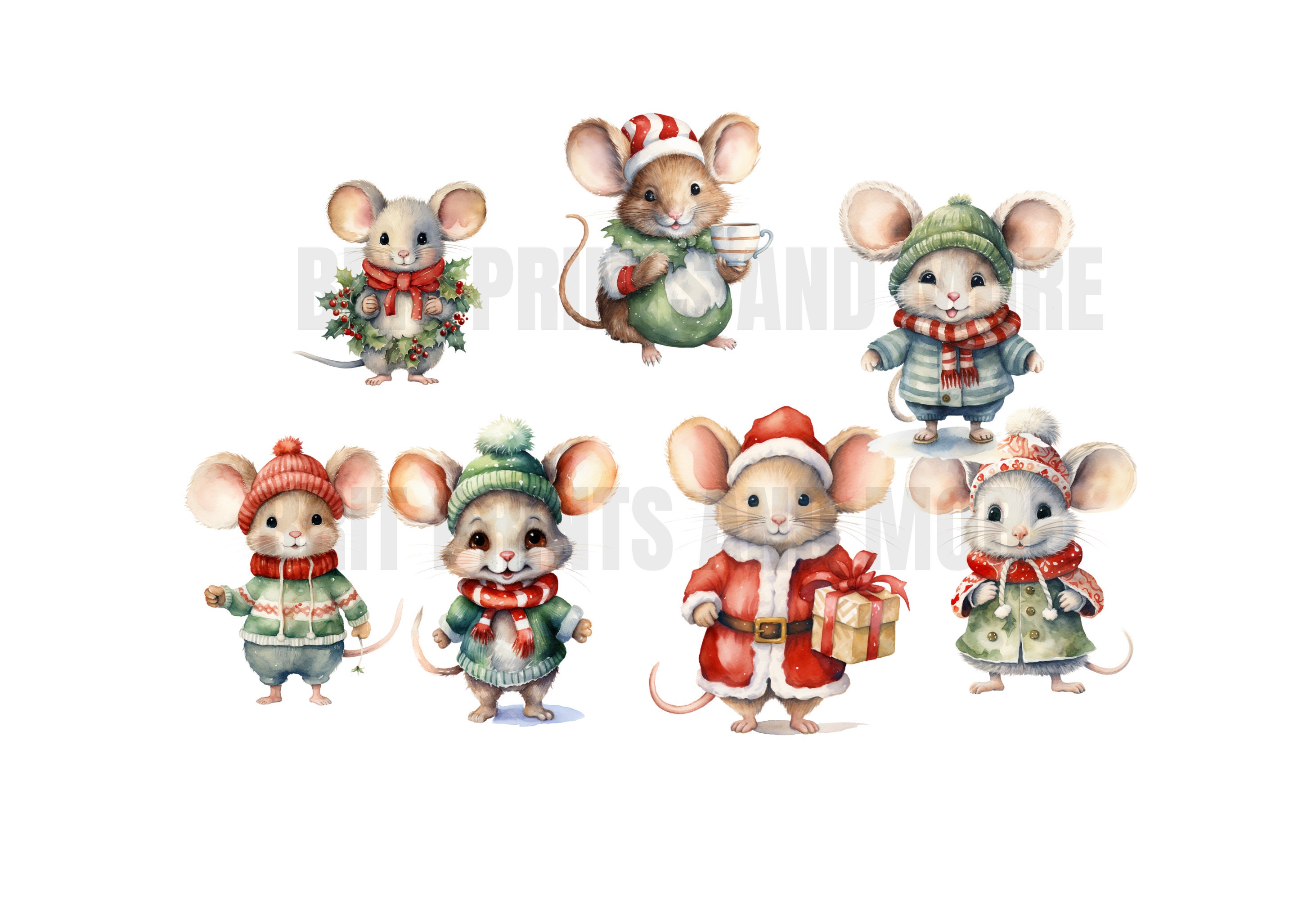 Cute Christmas Mice Watercolor Clipart PNG Bundle , Set of 14 Winter ...