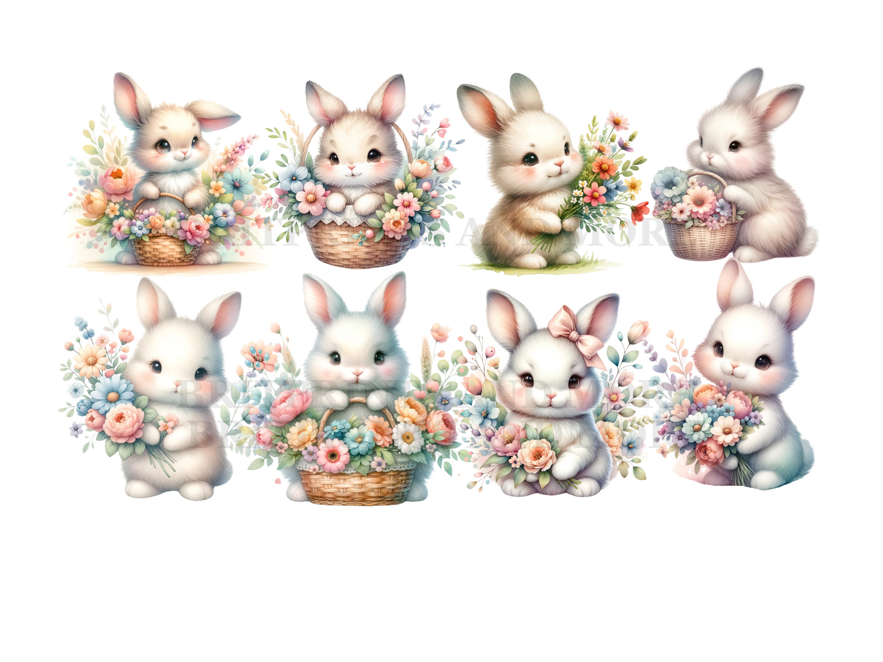 Set of 8 Cute Bunnies PNG, Watercolor Bunny Clip Art, Watercolor Bunny ...