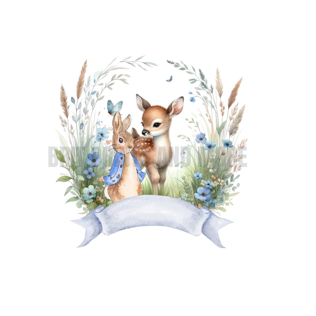 Peter Rabbit and Deer Blue Wreath PNG, Blue Jacket Peter Rabbit Floral ...