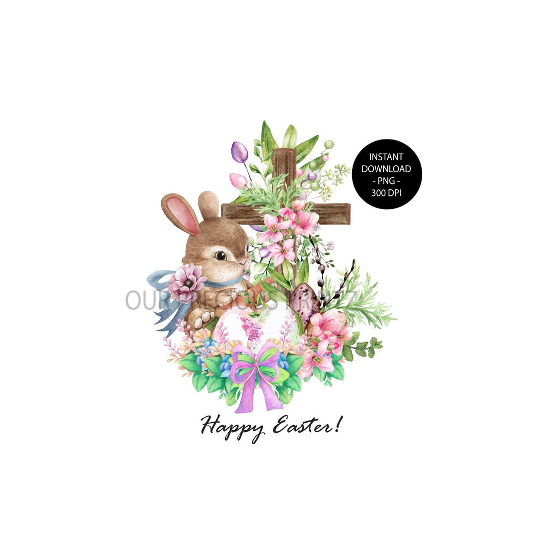 Easter Bunny and Cross Watercolor PNG, Cute Bunny Easter Clip Art, Cute ...