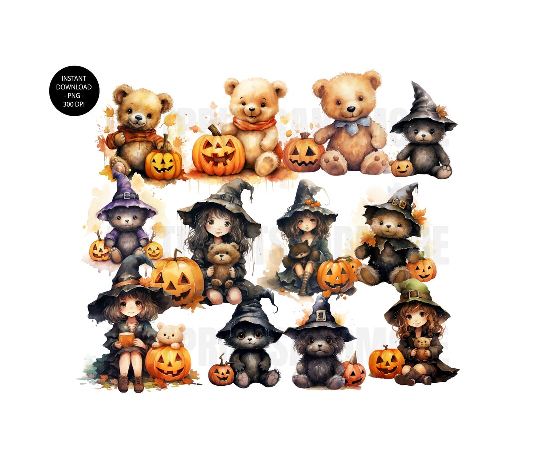 Halloween Teddy Bears, Pumpkins,witches Watercolor Clipart PNG, Set of ...