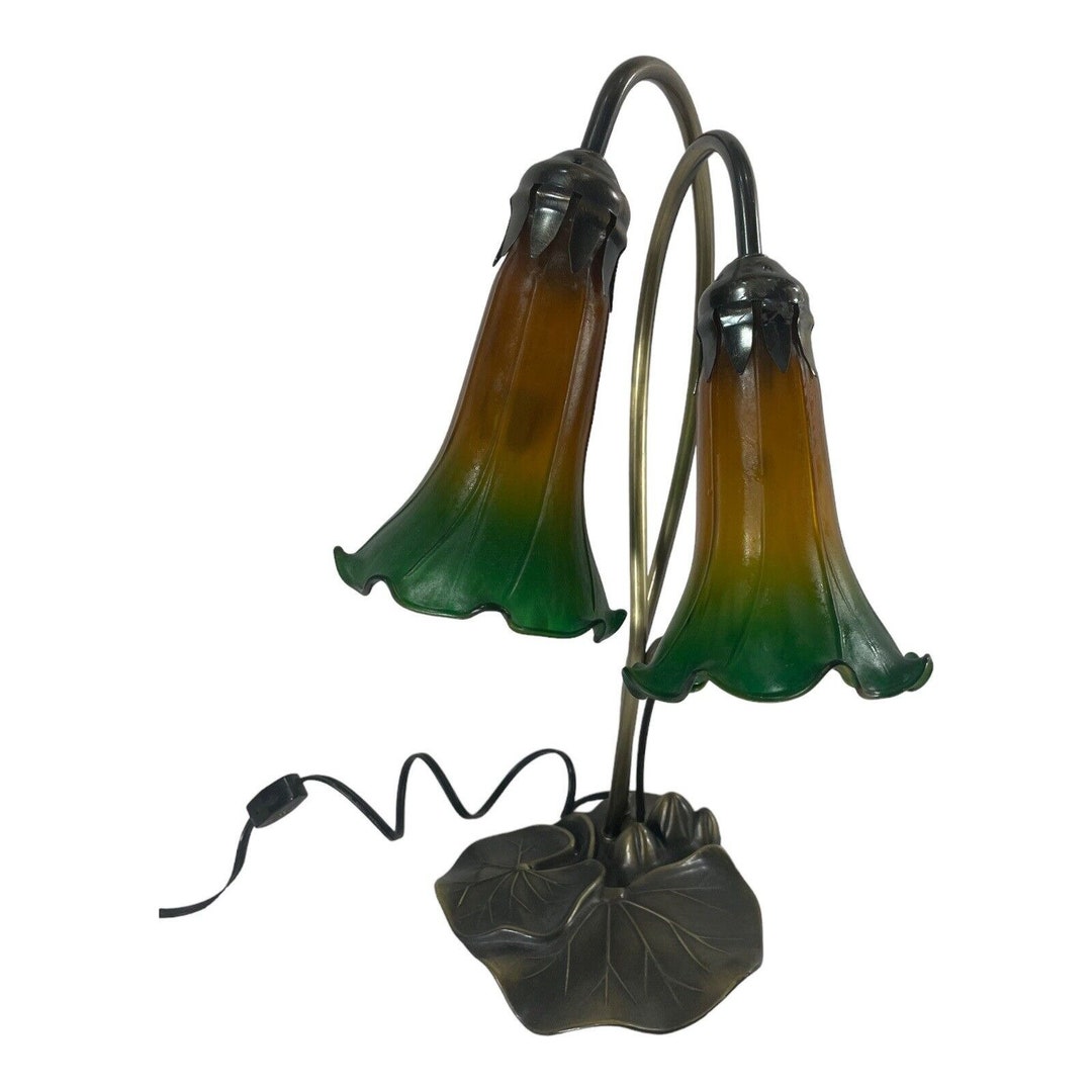 Large VTG Mid Century Brass Lily Lamp Tiffany Style Base Tulip ...
