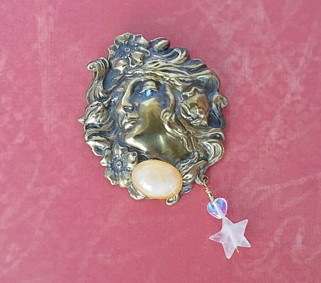 Vintage Mucha Art Nouveau Woman Romantic Brooch Pin With Rose Quartz ...