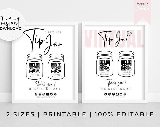 Custom Printable Virtual Tip Jar QR Code Sign Canva Template, Instant ...