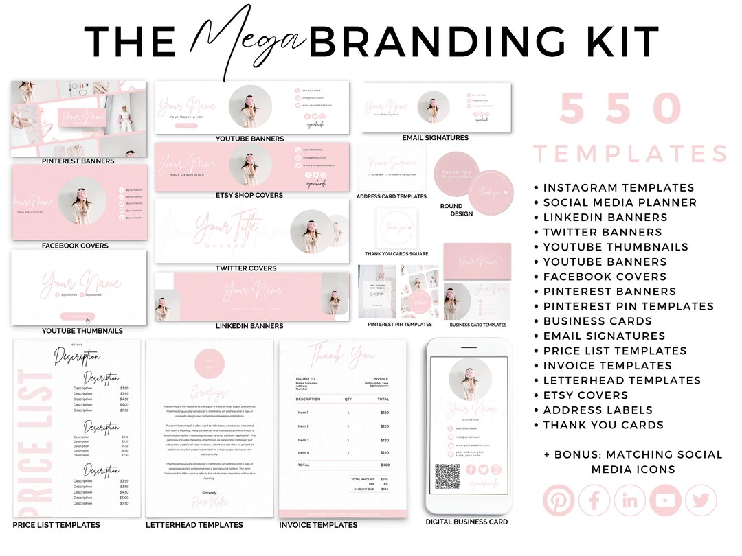 550 MEGA Branding Kit, Pink Instagram Templates, Social Media Banners ...