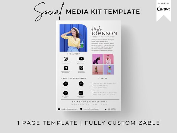 1 Page Media Kit Template Canva Template Blogger Media Kit - Etsy