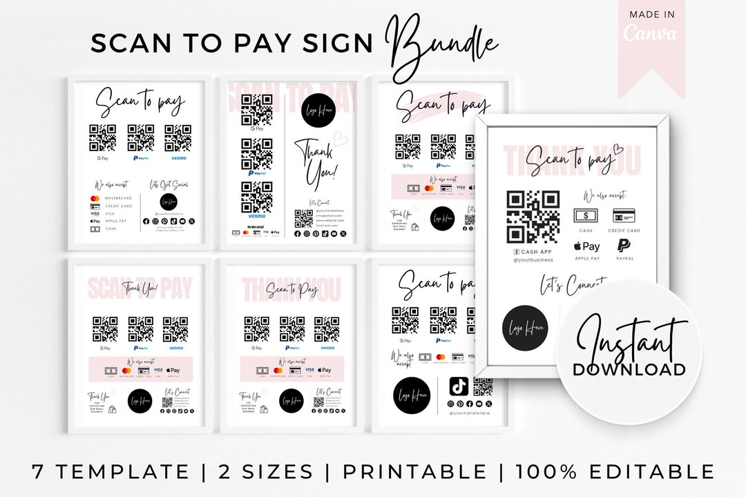 7 Editable QR Scan to Pay Sign Bundle,printable Sign,paypal QR Sign ...
