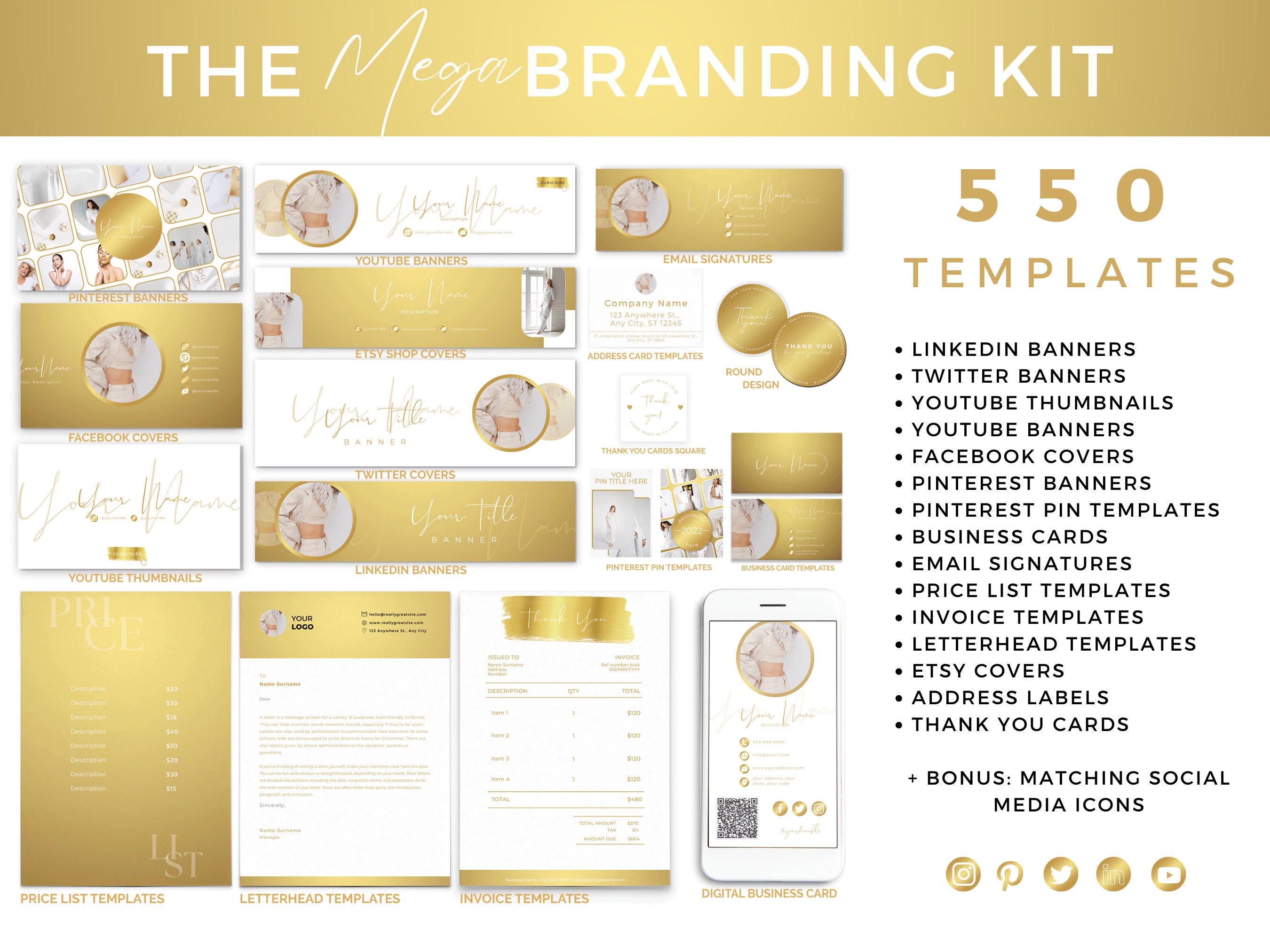550 MEGA Branding Kit, Gold Instagram Templates, Social Media Banners ...