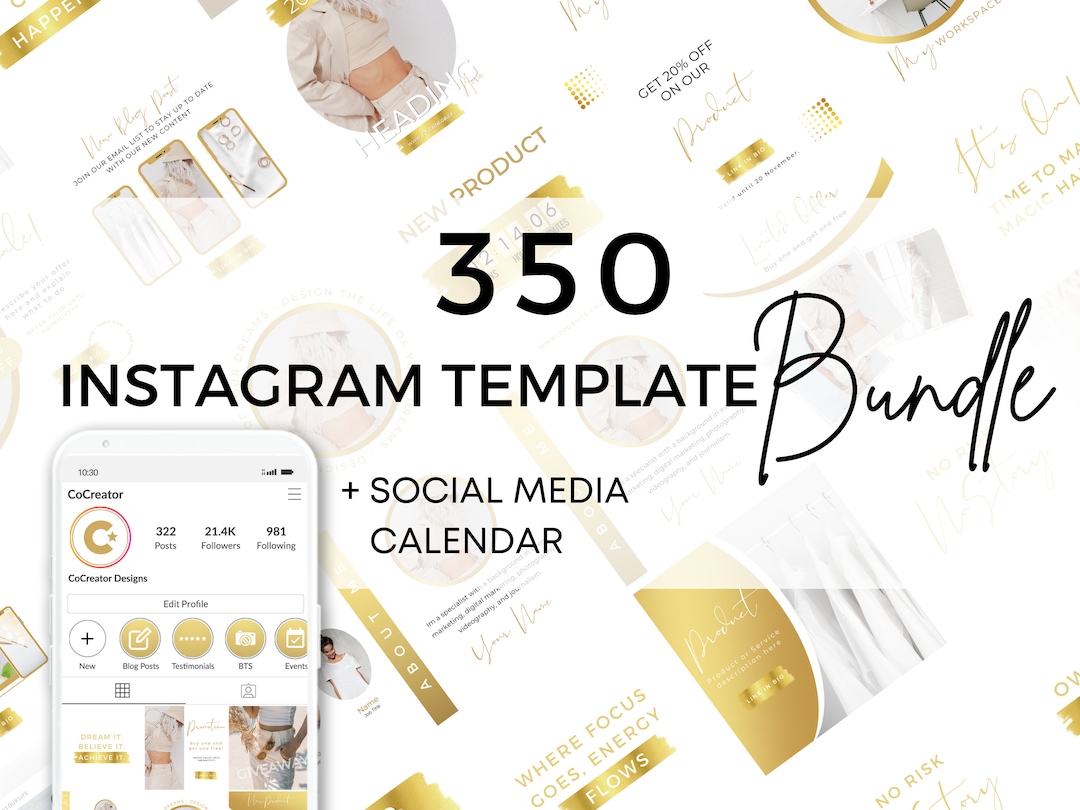 350 White and Gold Instagram Template Bundle, Social Media Planner ...