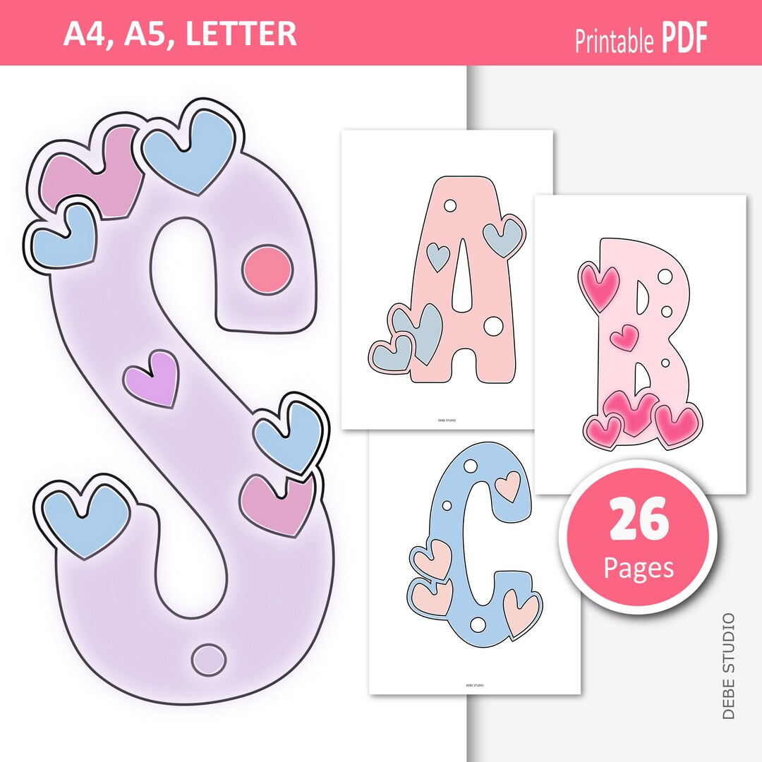 Hearts Cute Alphabet Coloring Page Printable Adult Coloring Letter ABC ...