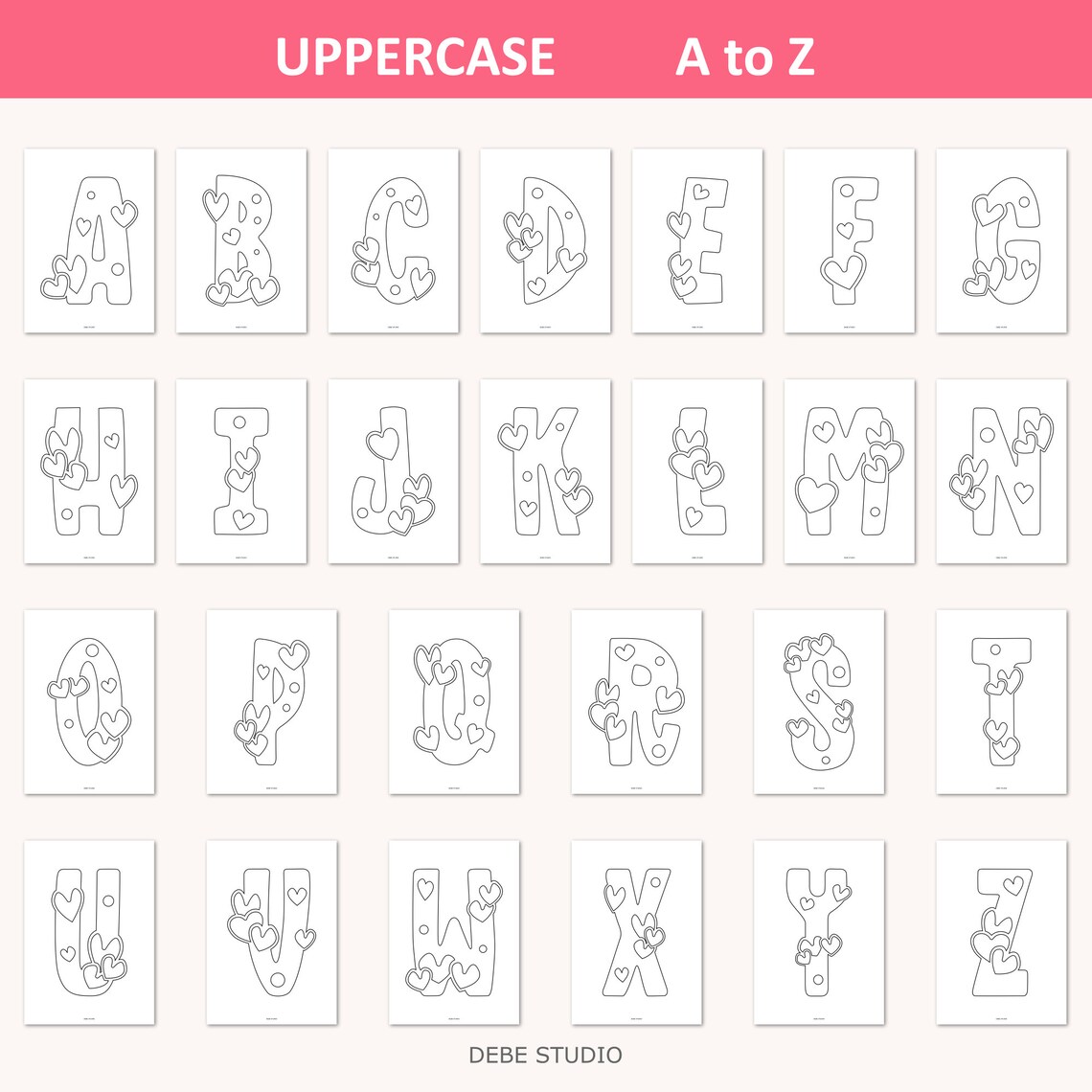 Hearts Cute Alphabet Coloring Page Printable Adult Coloring Letter ABC ...