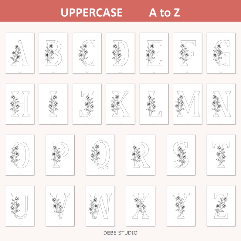 Floral Alphabet Letters Coloring Page A to Z Printable Coloring ABC ...