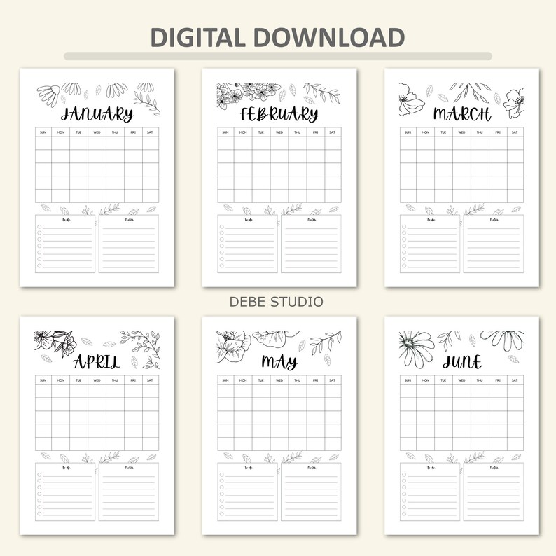 12 Month Calendar Coloring Pages Printable Planner PDF A5 A4 Bullet ...