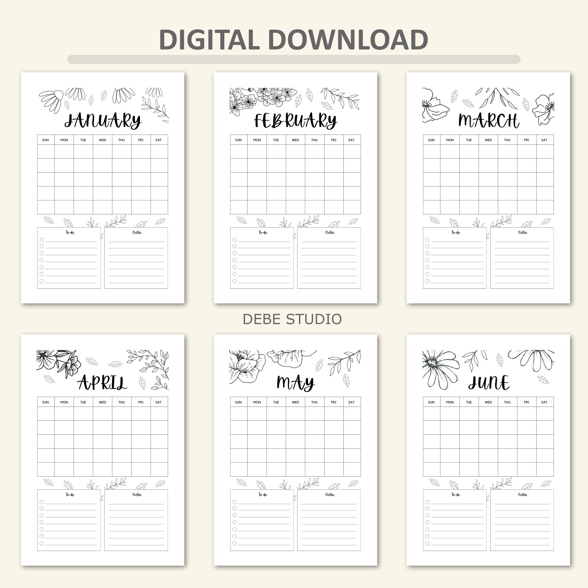 12 Month Calendar Coloring Pages Printable Planner PDF A5 A4 Bullet ...