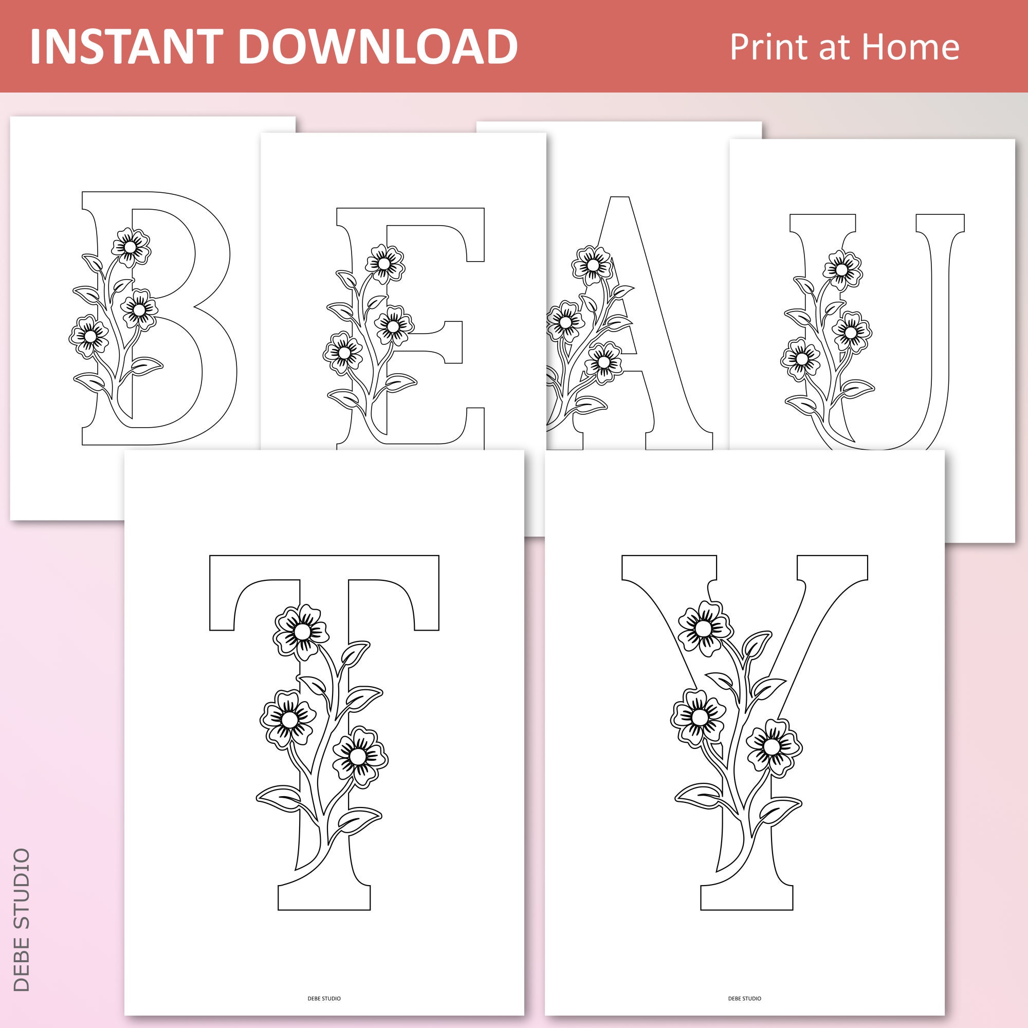 Floral Alphabet Letters Coloring Page A to Z Printable Coloring ABC ...
