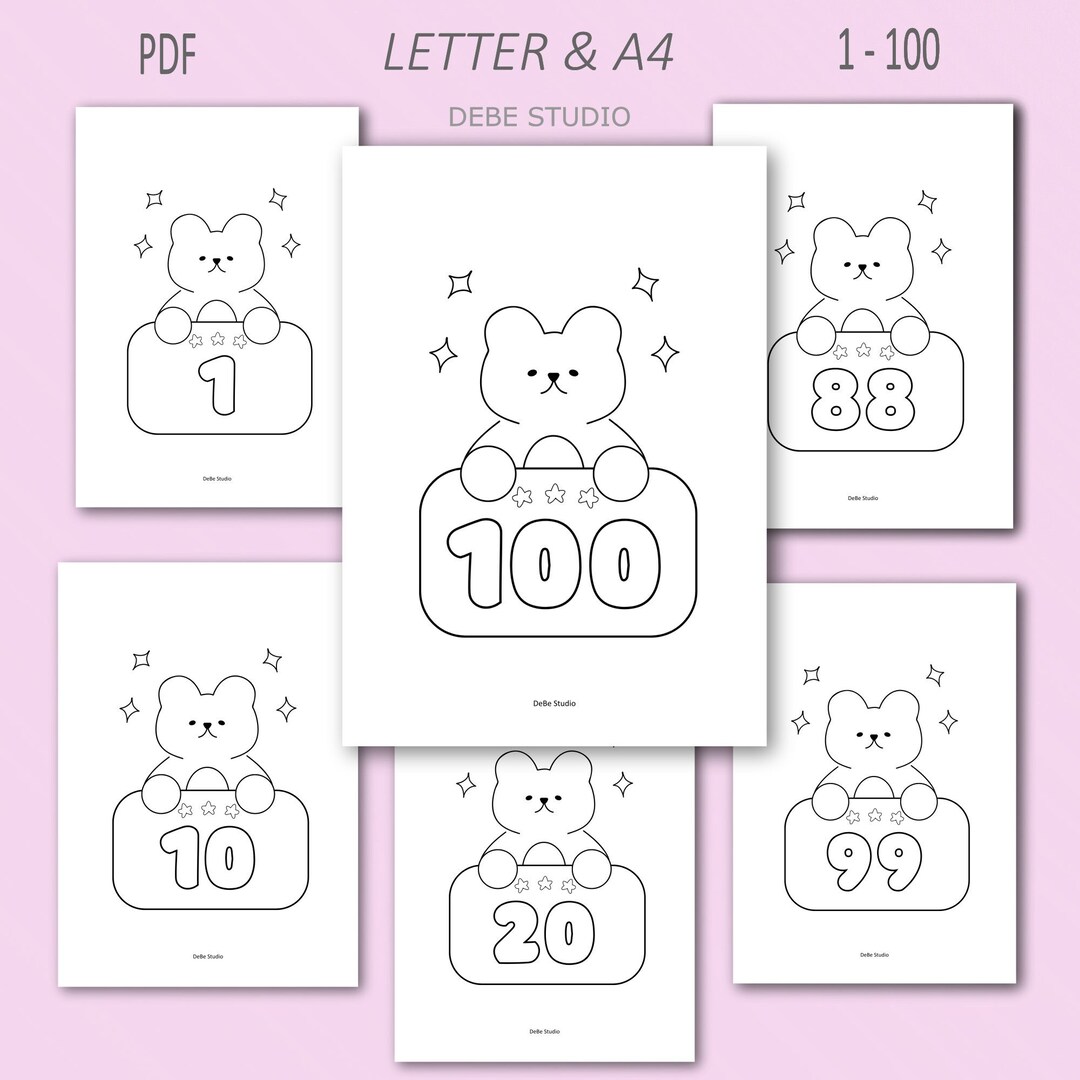 1-100 Cute Bear Number Coloring Page for Kid Printable Numbers 1 100 ...