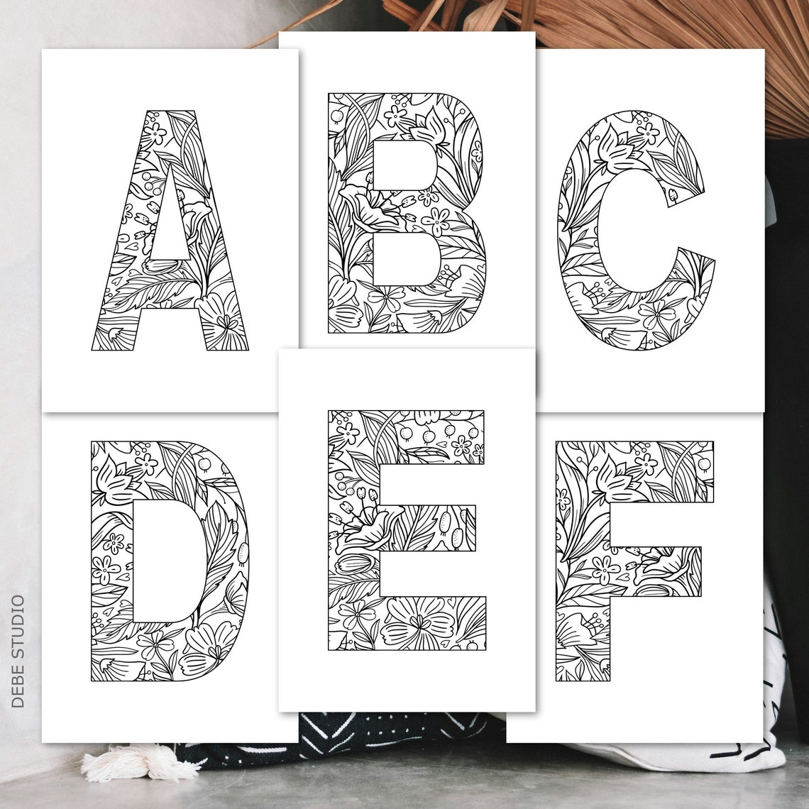 Floral Alphabet Coloring Page Printable Adult Coloring ABC Flower ...