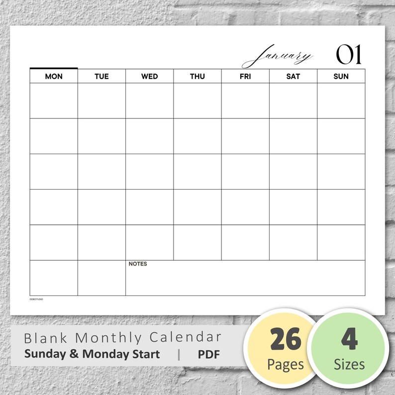 Blank Monthly Calendar With Notes Printable Minimalist Undated Monthly ...